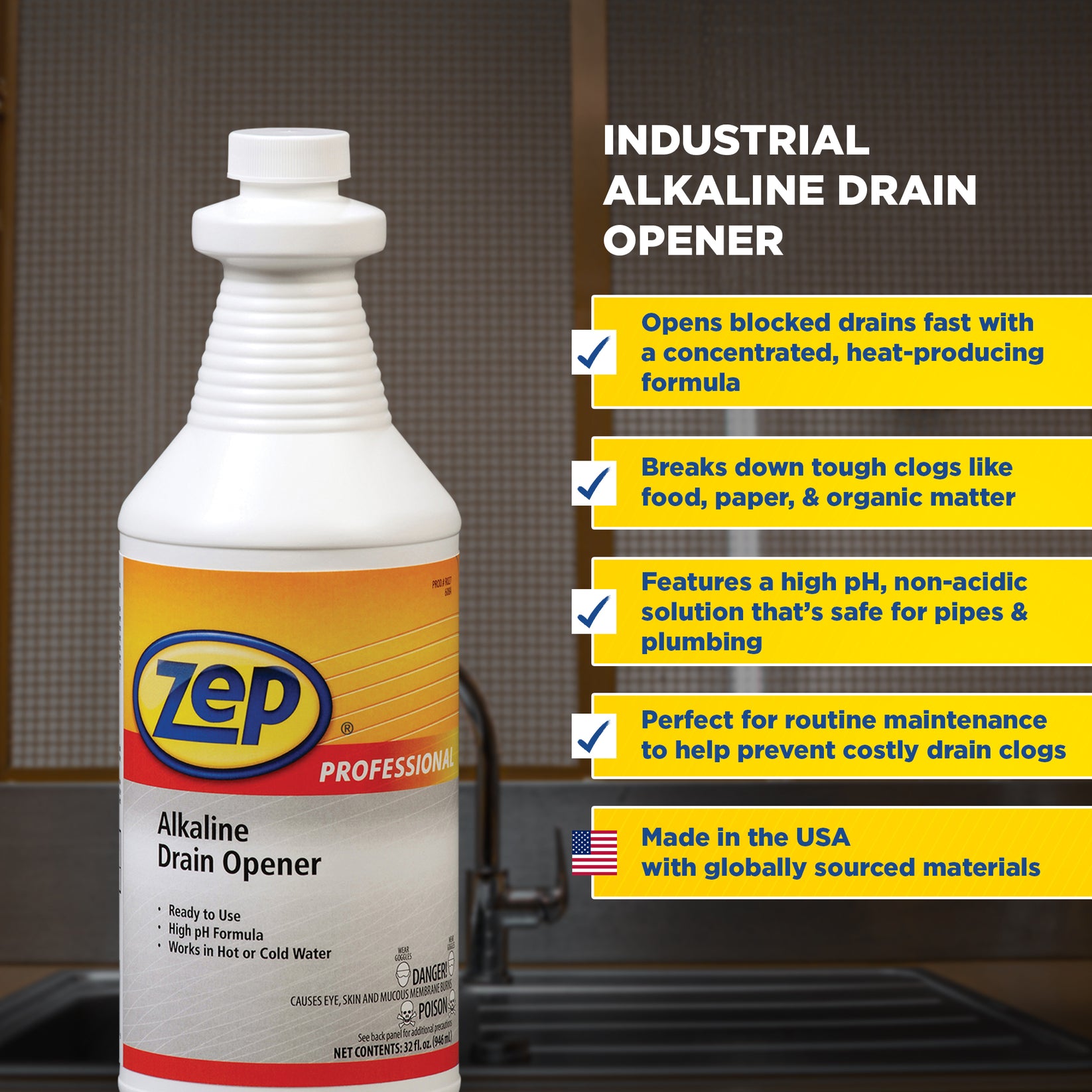 Zep Professional Alkaline Drain Opener – Tackles Tough Clogs – 32 oz ...