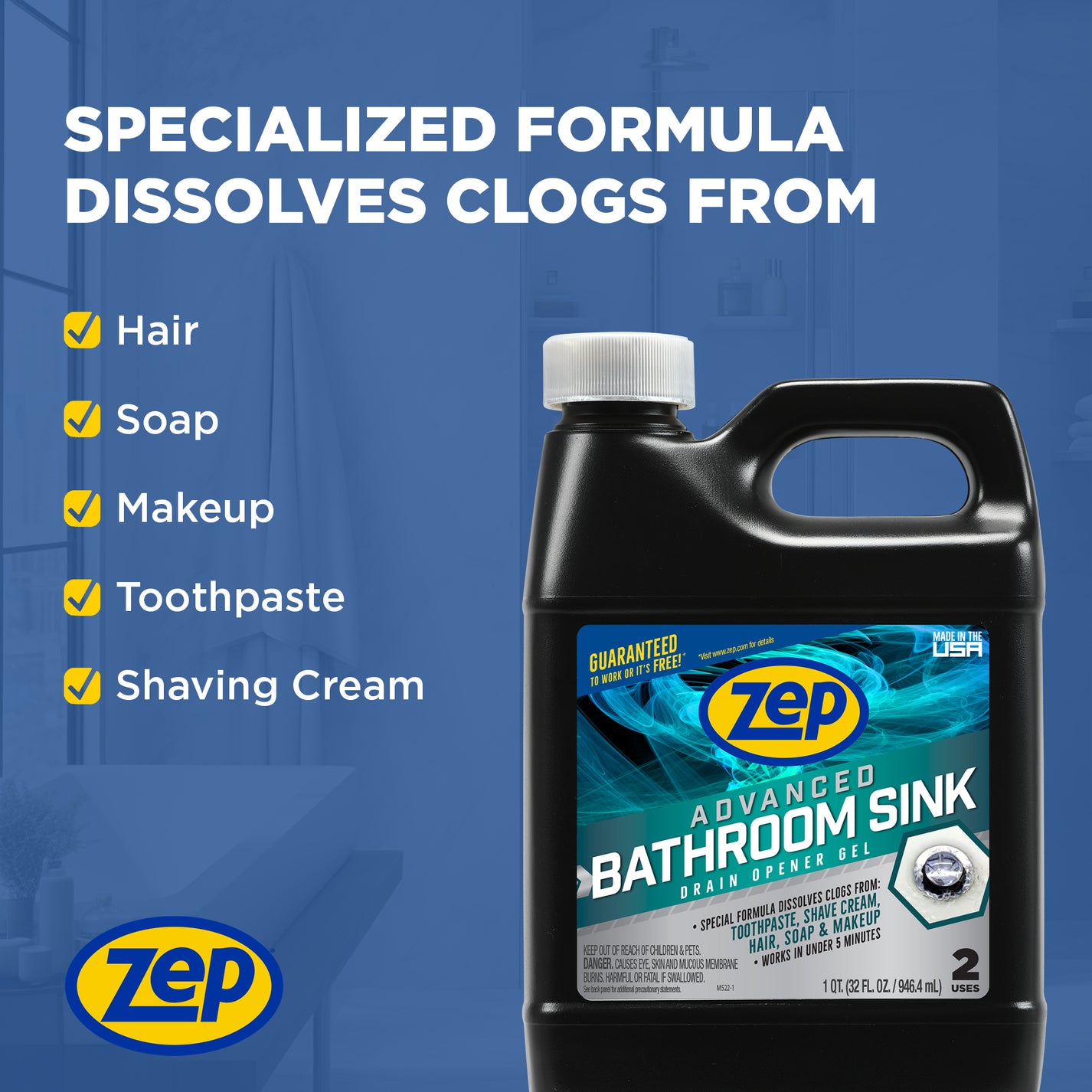 Zep Advanced Bathroom Sink Drain Opener Gel – Dissolves Clogs – 32 oz ...
